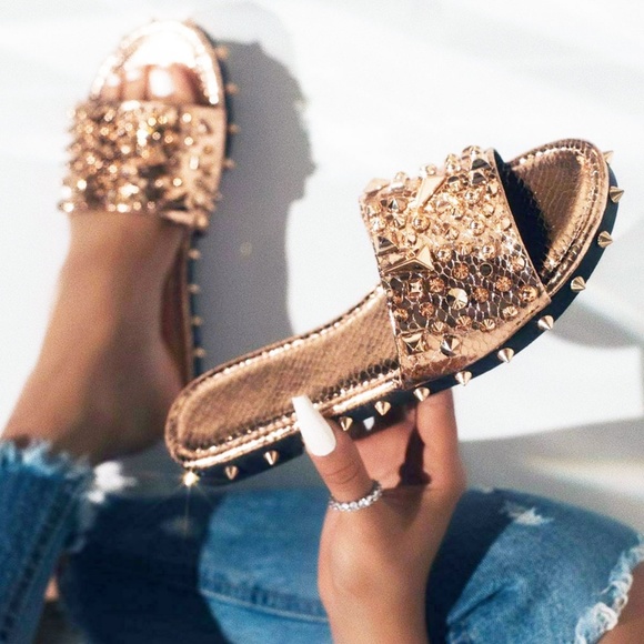 Cape Robbin | Shoes | New Rose Gold Open Toe Studded Slide Flat Sandal ...